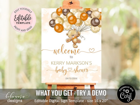Editable Teddy Bear Welcome Sign Orange Brown Balloons Bear - Etsy
