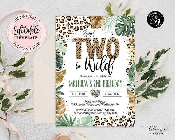 Editable Two Wild Leopard Print Invitation Boy, Jungle Birthday Party ...