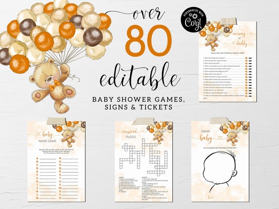 We Can Bearly Wait Orange Balloons Game Bundle, 80 Editable Virtual ...