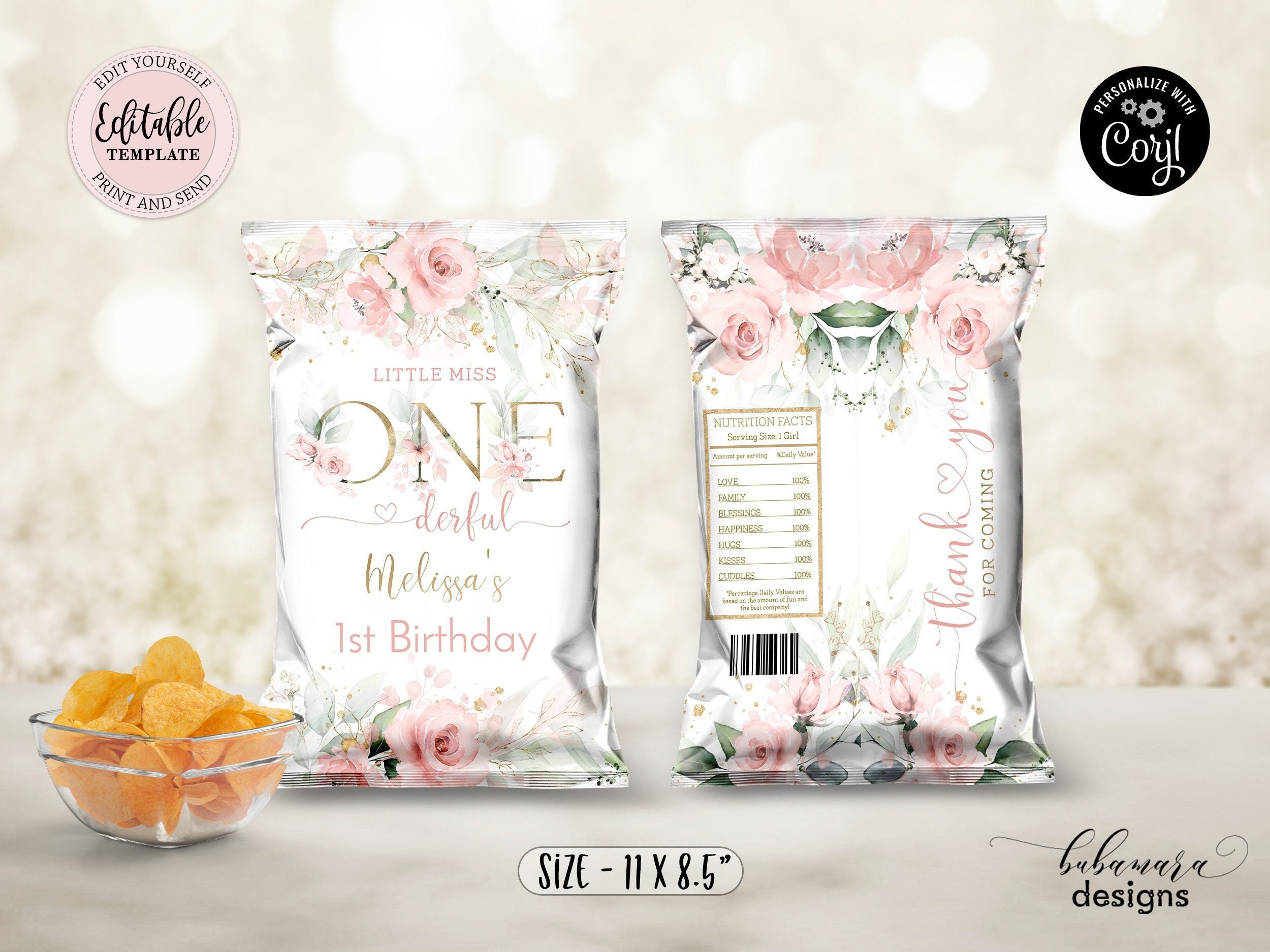 Editable Blush Pink Floral Chip Bag Onederful Chip Bag Blush - Etsy
