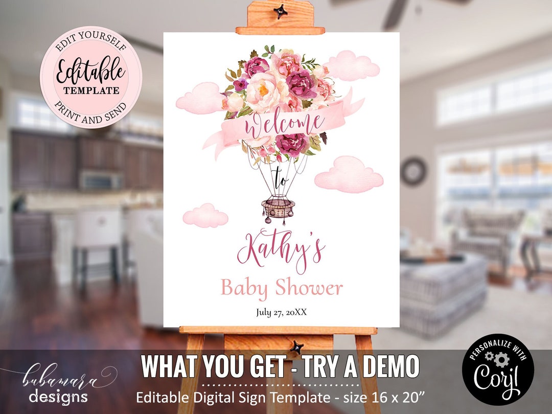 Hot Air Balloon Welcome Sign Girl, Pink Floral Baby Shower Welcome Sign ...