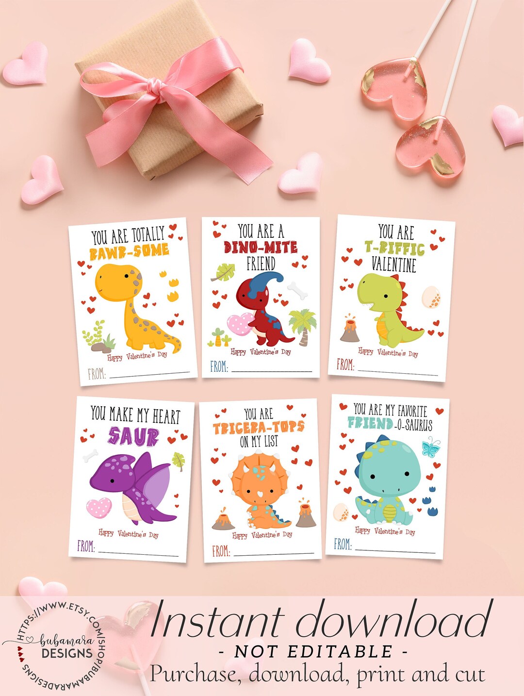 Printable Dinosaur Valentine Tags, Dino Valentine Cards for Kids ...