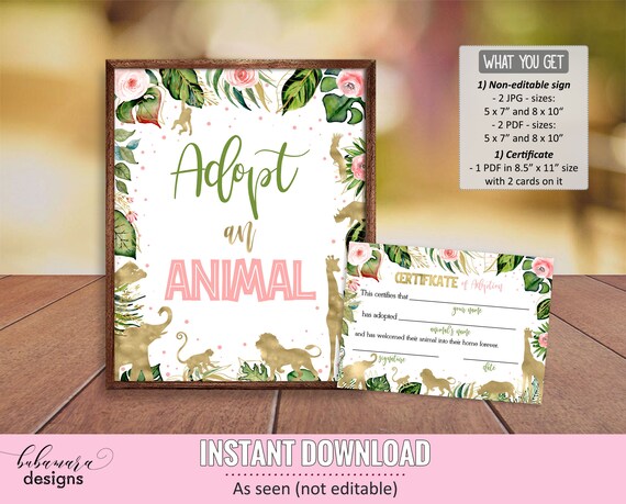 Adopt an Animal Birthday Sign Girl, Gold Jungle Animals Table Sign ...