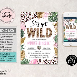 Editable Let's Get Wild Leopard Print Birthday Invitation Girl, Jungle ...