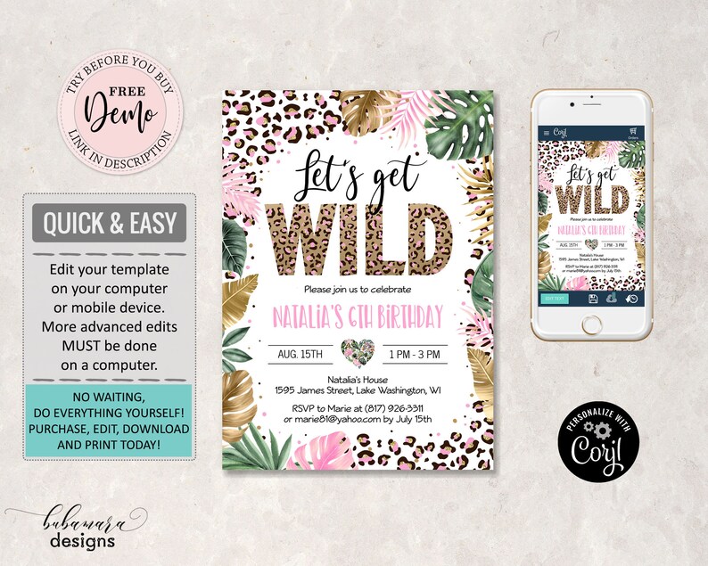 Editable Let's Get Wild Leopard Print Birthday Invitation Girl, Jungle ...