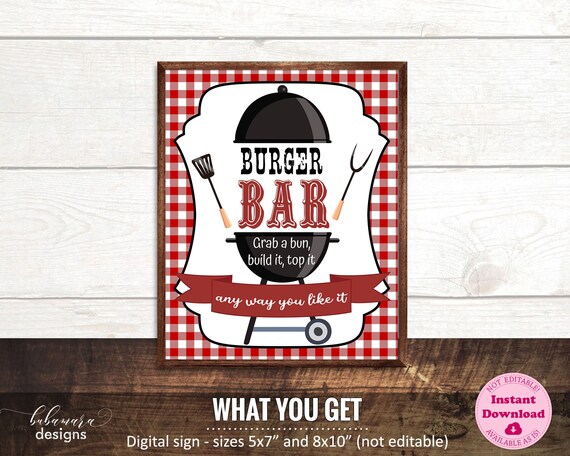 Barbecue Burger Bar Sign, BBQ Burger Bar Table Sign, Printable Baby ...