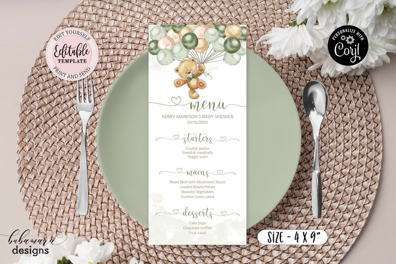 Editable Bear Balloons Baby Shower Menu Teddy Bear Dinner - Etsy