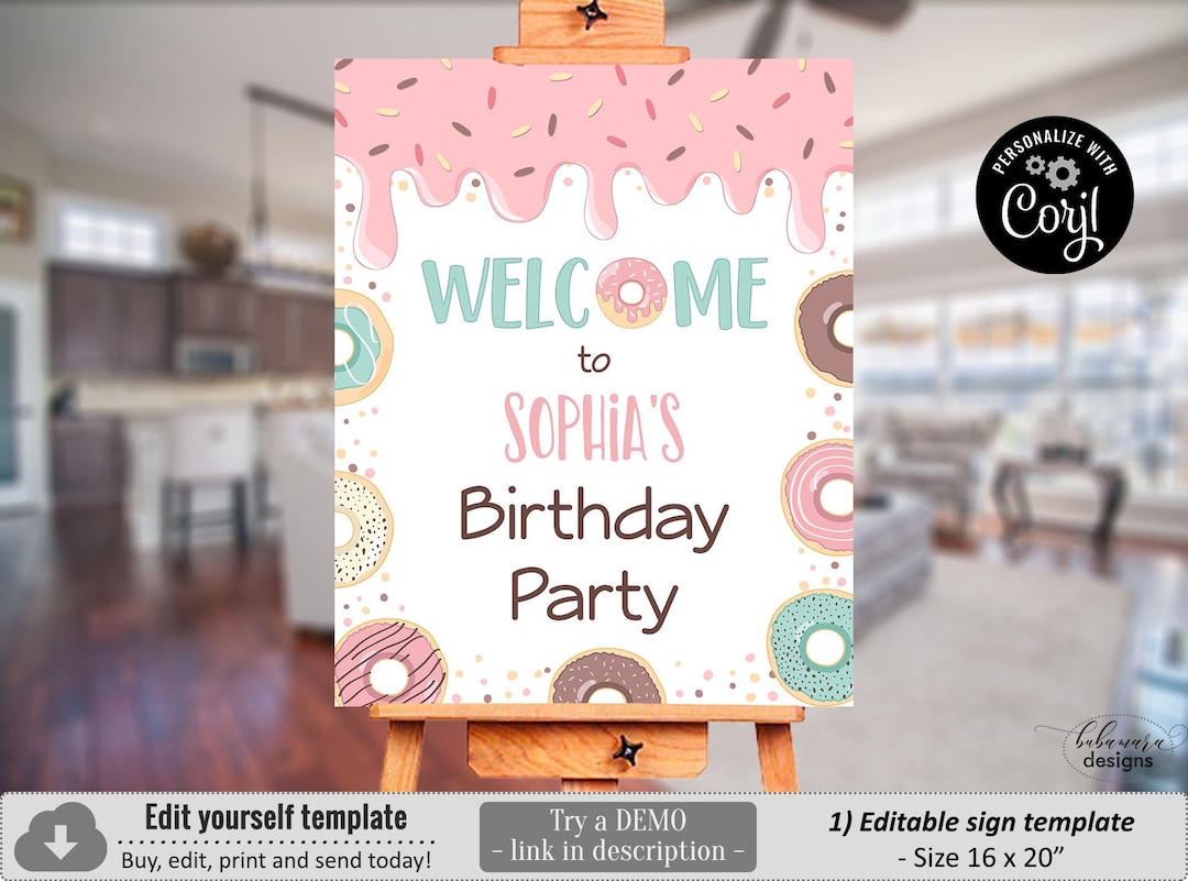 Editable Donuts Birthday Welcome Sign Girl, Blush Pink Doughnuts ...