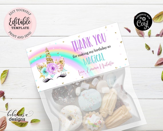 Editable Unicorn Treat Bag Topper, Rainbow Unicorn Party Printable Bag ...