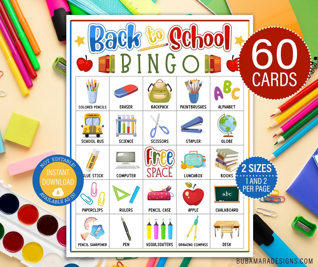 60 Back to School Bingo Cards, Printable Bingo Cards, Classroom Kids ...