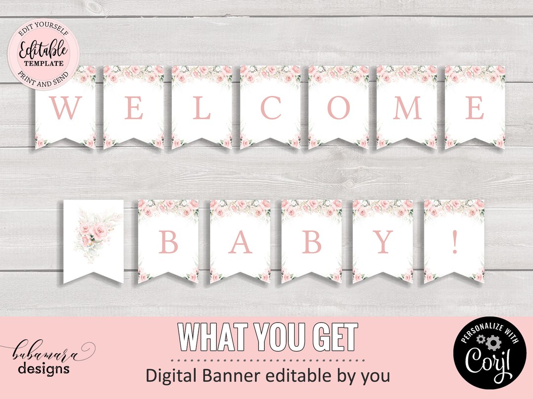Editable Blush Pink Floral Baby Shower Banner, Welcome Baby Banner ...