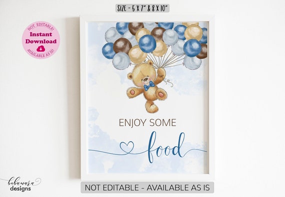 Teddy Bear Food Sign Blue Brown Balloons Food Table Sign | Etsy