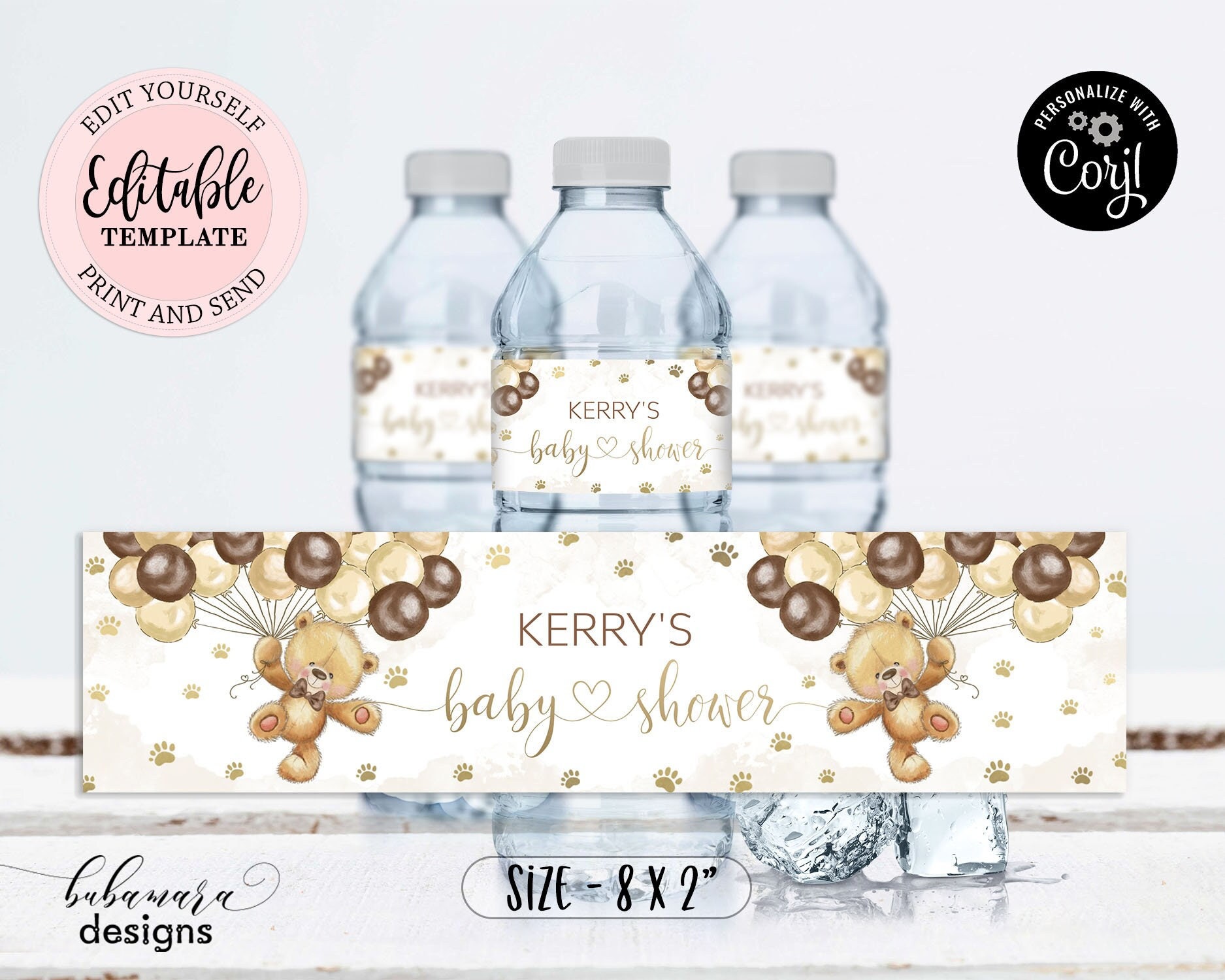 Editable Teddy Bear Water Bottle Label Brown Balloons Bear - Etsy