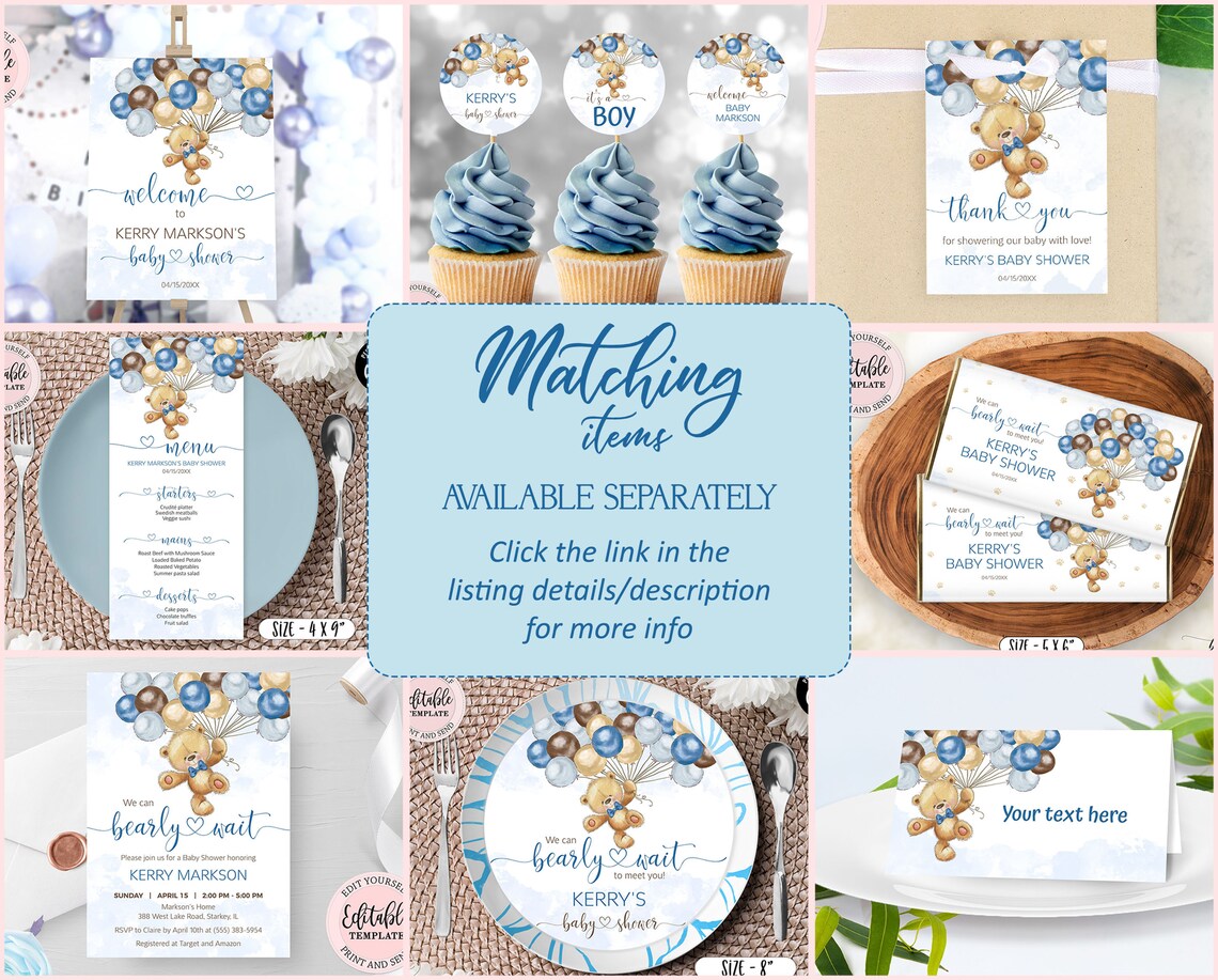 Editable Teddy Bear Gift Tag Template Boy Bear Blue Brown - Etsy