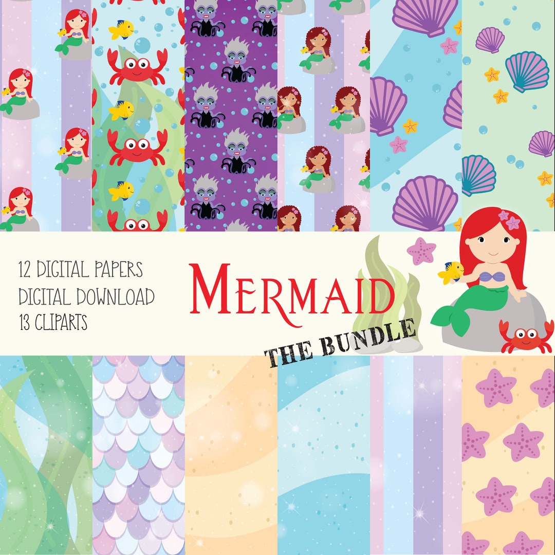 Mermaid the Bundle / 12 Digital Papers + 13 Cliparts / Digital Download ...