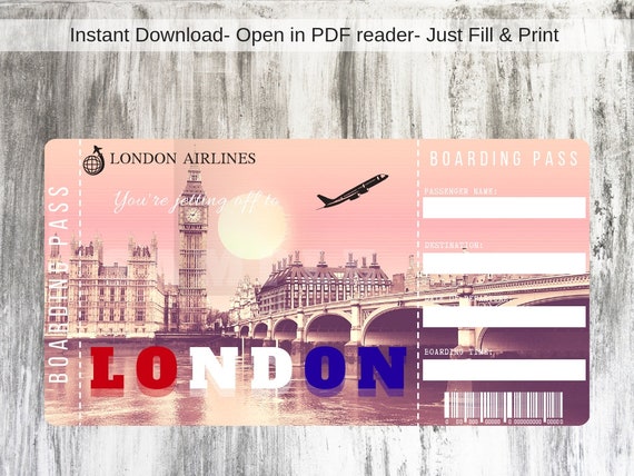 LONDON Surprise Trip Ticket LONDON Airplane Ticket Printable | Etsy