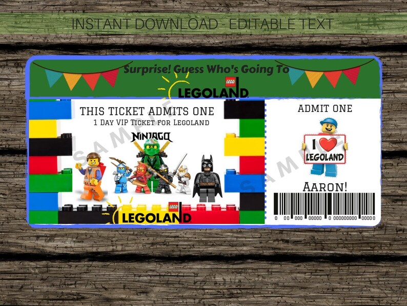 INSTANT DOWNLOAD Just Fill And Print LEGOLAND Pretend Ticket Paper 