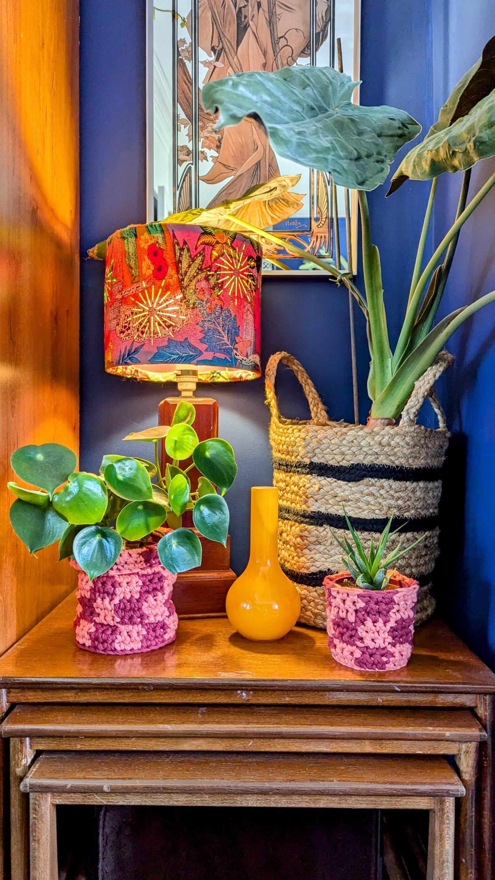 Checkerboard Crochet Plant Pot - Burgundy & Coral - M - Etsy