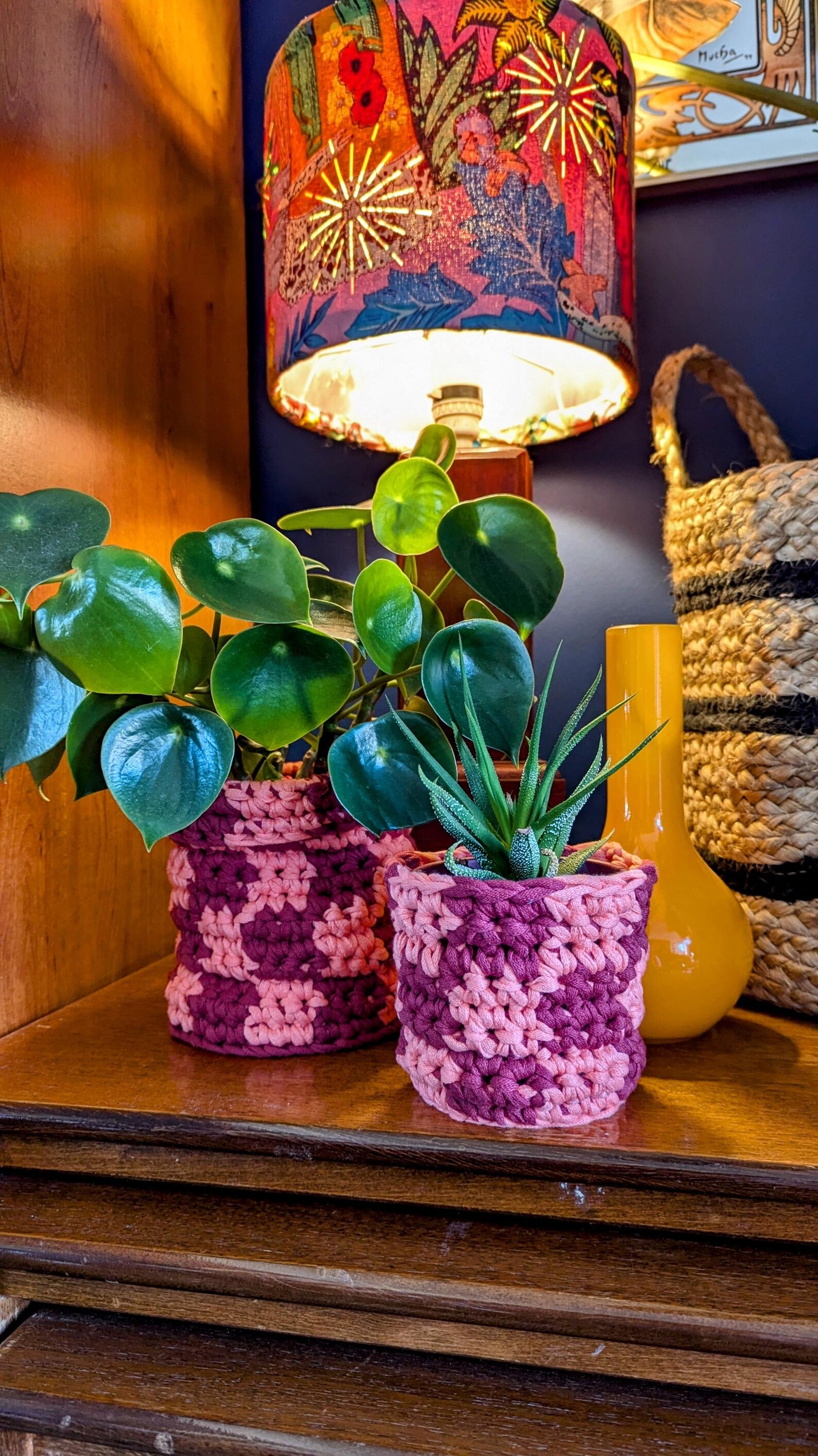 Checkerboard Crochet Plant Pot - Burgundy & Coral - M - Etsy