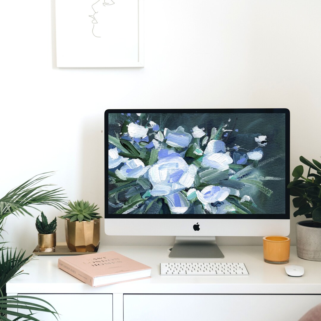 Desktop Wallpaper for Computer, INSTANT DOWNLOAD, Moody Painted Flowers ...