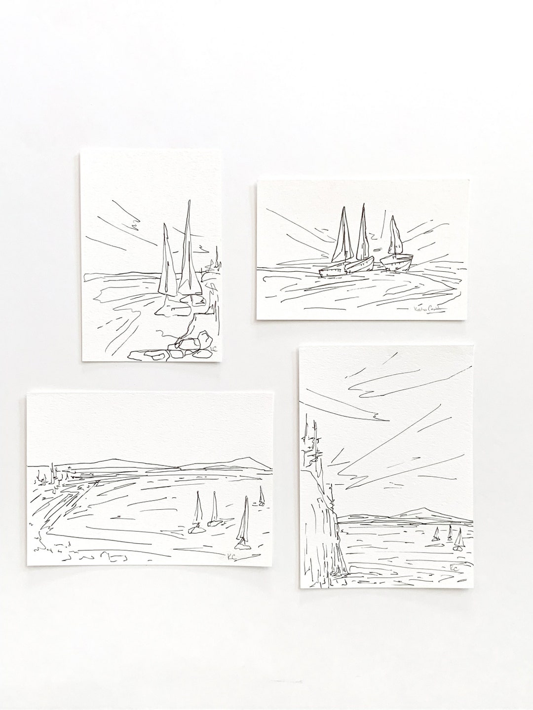 Set of 4 Original Illustrations. Sailboat Art, Costal Drawing, Black ...