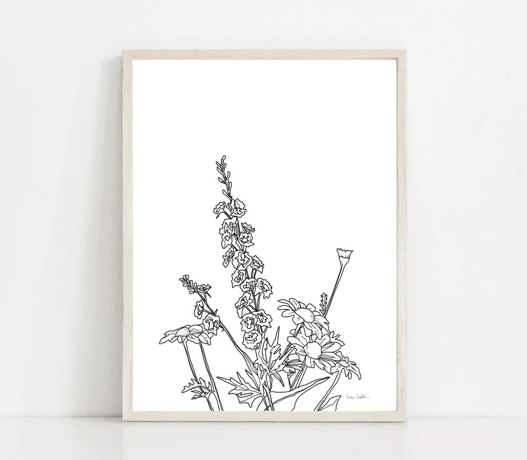 Floral Print, Flower Drawing Boho Art, Wildflower Bouquet, Minimalist ...