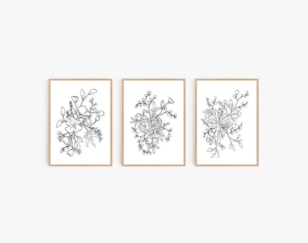 Set of 3, Floral Line Flower Print, Printable, Organic Minimalist Art ...