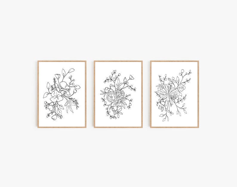 Set of 3 Floral Line Flower Print Printable Organic - Etsy