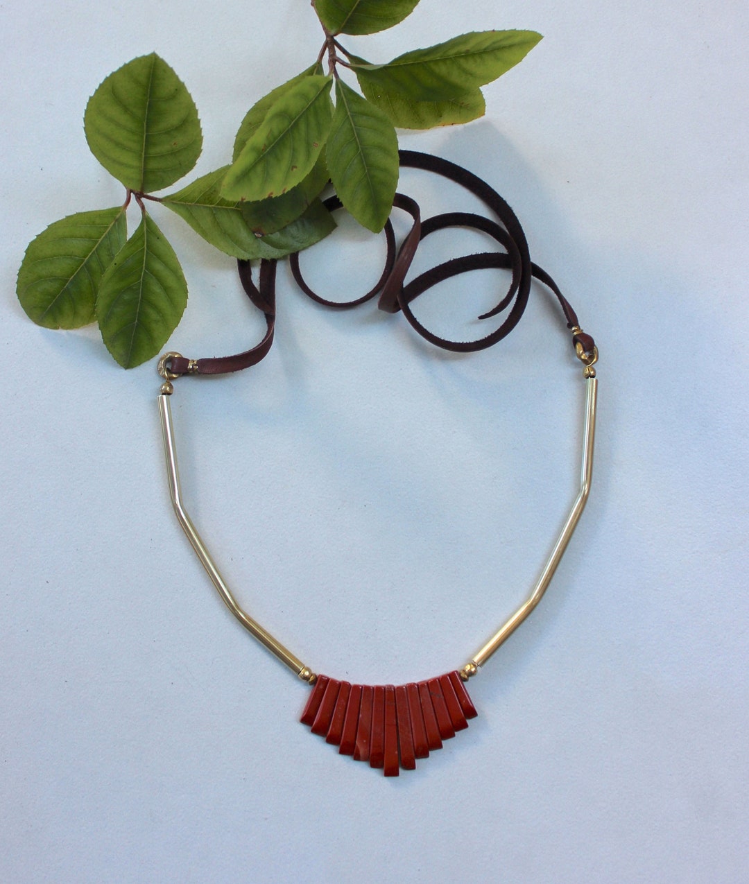 Adjustable Stone Neck Collar With Brass and Leather Tie Back, Red ...