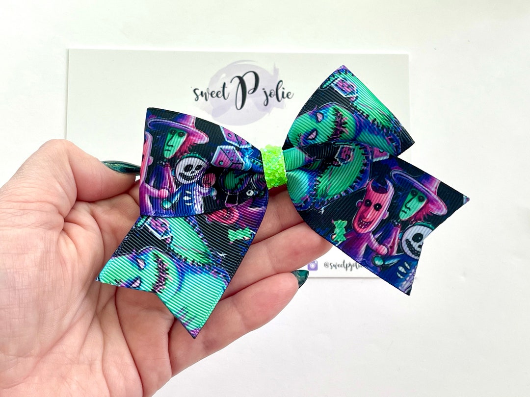 Oogie Boogie Inspired Baddie Crew Print XL Ribbon Glitter Hair Bow ...