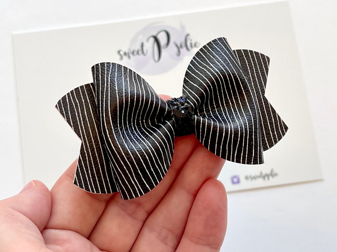 Jack Skellington Inspired Stripes Print Faux Leather + Glitter Hair Bow ...