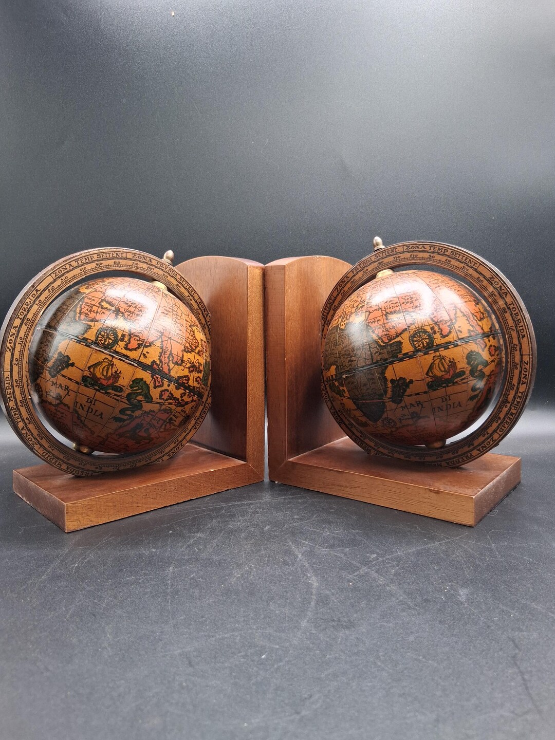 Vintage Globe Bookends Old World Wood Made in Italy Set of 2 - Etsy
