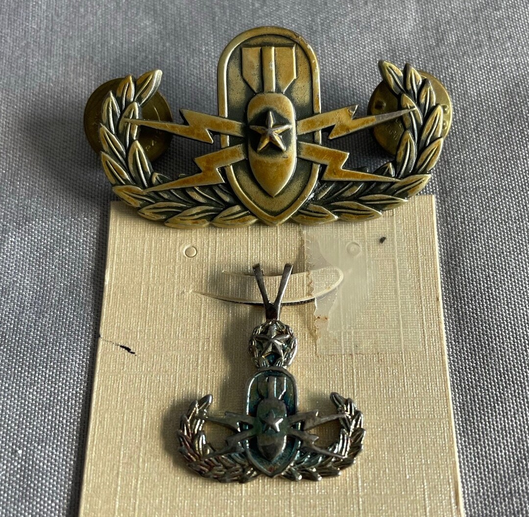 Pair Vietnam Hayward Sterling EOD Badge Pin Explosive Ordnance Disposal ...