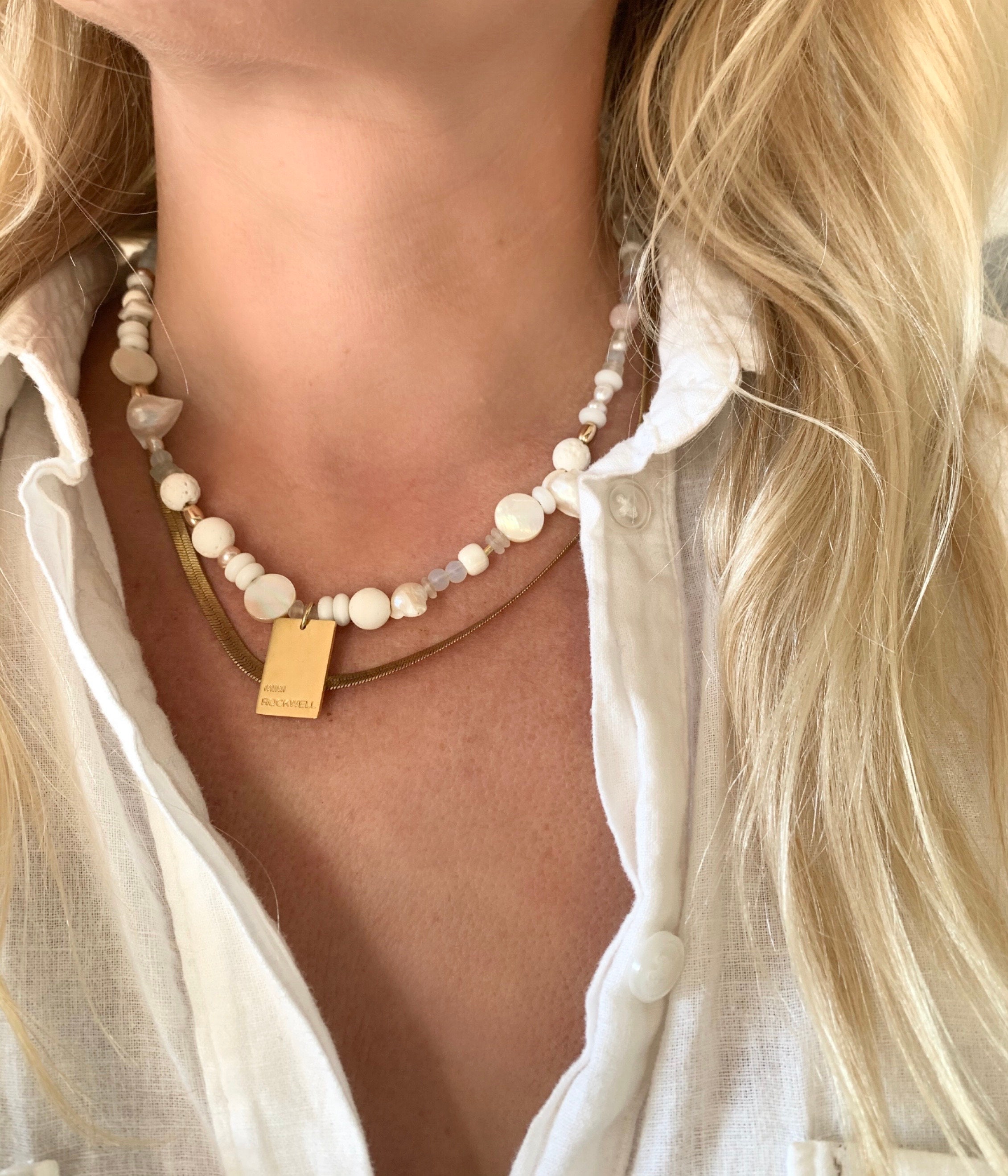 White pearl shell bead Mimi Rockwell tag necklace