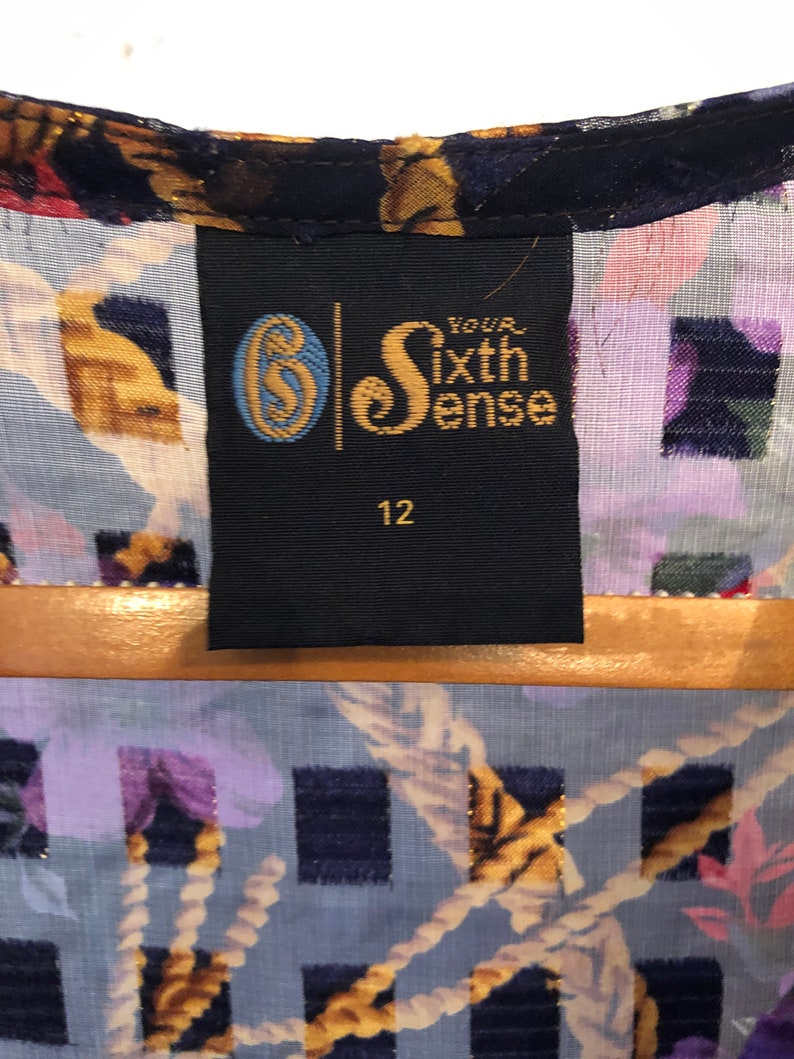 Your Sixth Sense Purple Gold Scarf Print Chiffon Top 12 Vintage 1980s ...