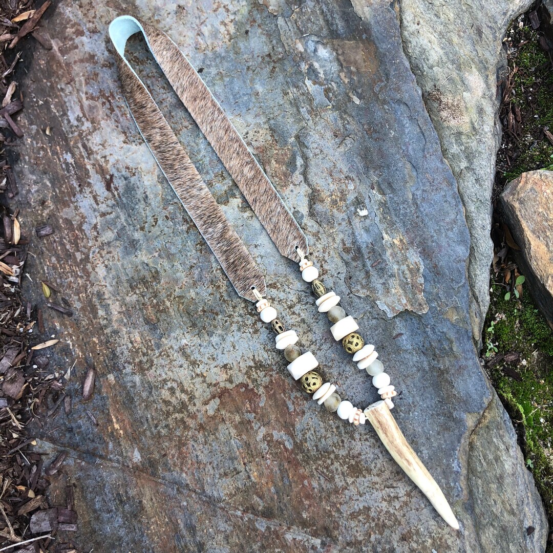 Cowhide Necklace, Sea Glass Necklace, Handmade Necklace, Antler ...