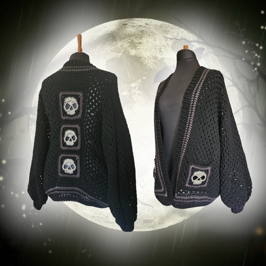 Skull Hexagon Cardigan With Granny Square Back Detail and Pockets Hexi ...