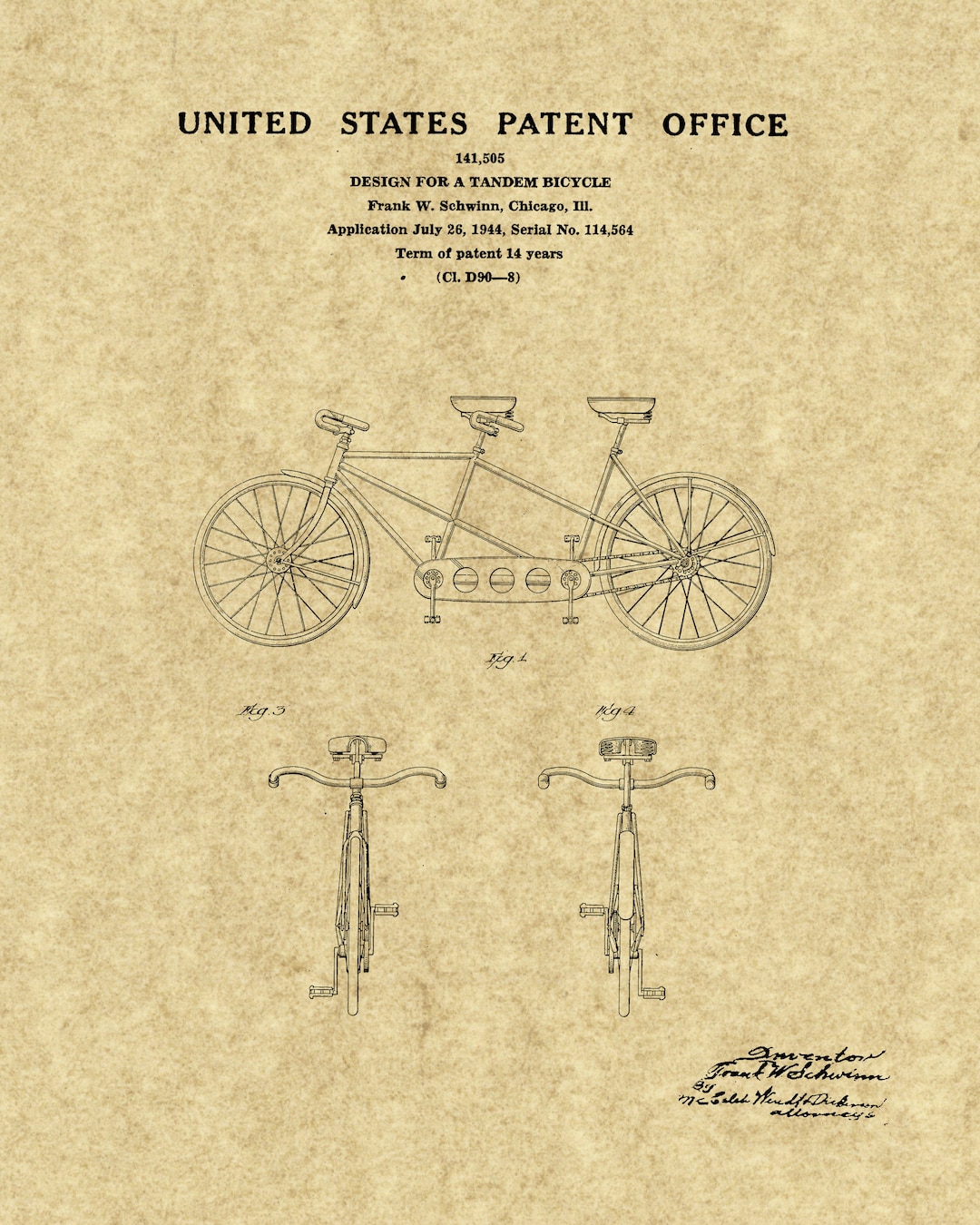 1945 Schwinn Tandem Bicycle Patent Design 4 Finishes Bike Bicycle - Etsy