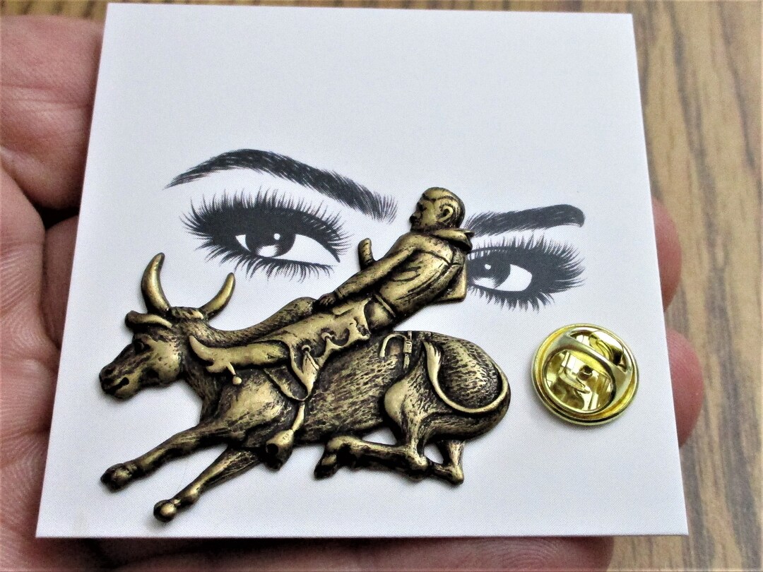 Cowboy Roping Riding Wrangling Steer Brass Stamping Lapel Pin Tack Pin ...