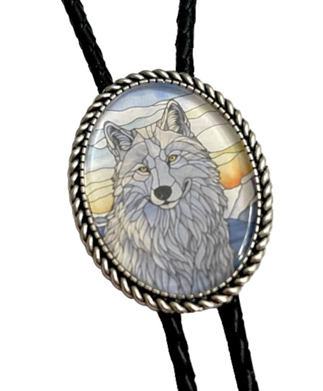 Handmade Amazing Stained Glass Wolf Bolo Tie Personalized Cord Color ...