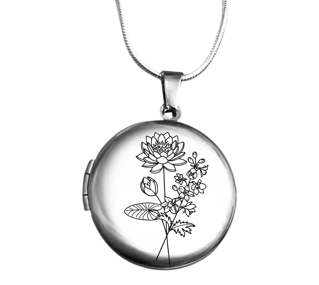 Stainless Steel Birth Month Flower Necklace Locket Free Laser Engraved ...