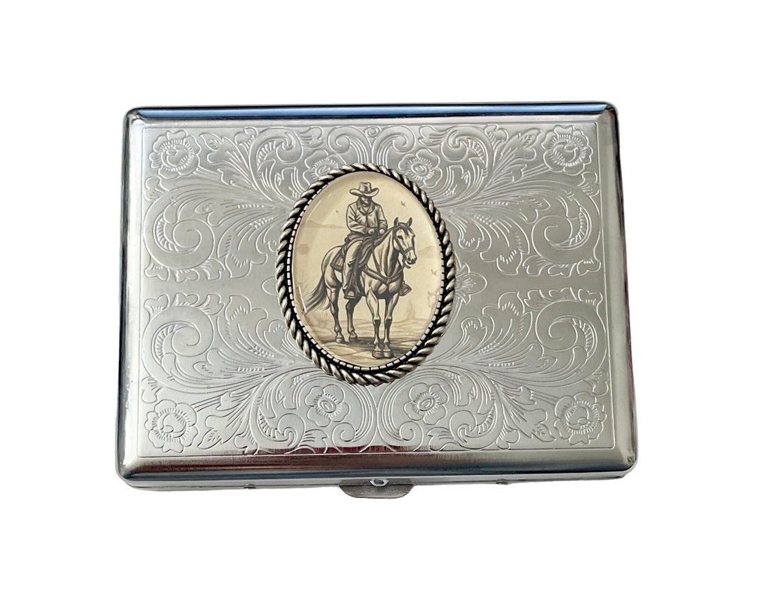 Stainless Steel Western Cowboy Cigarette Case Business Card ID Holder ...