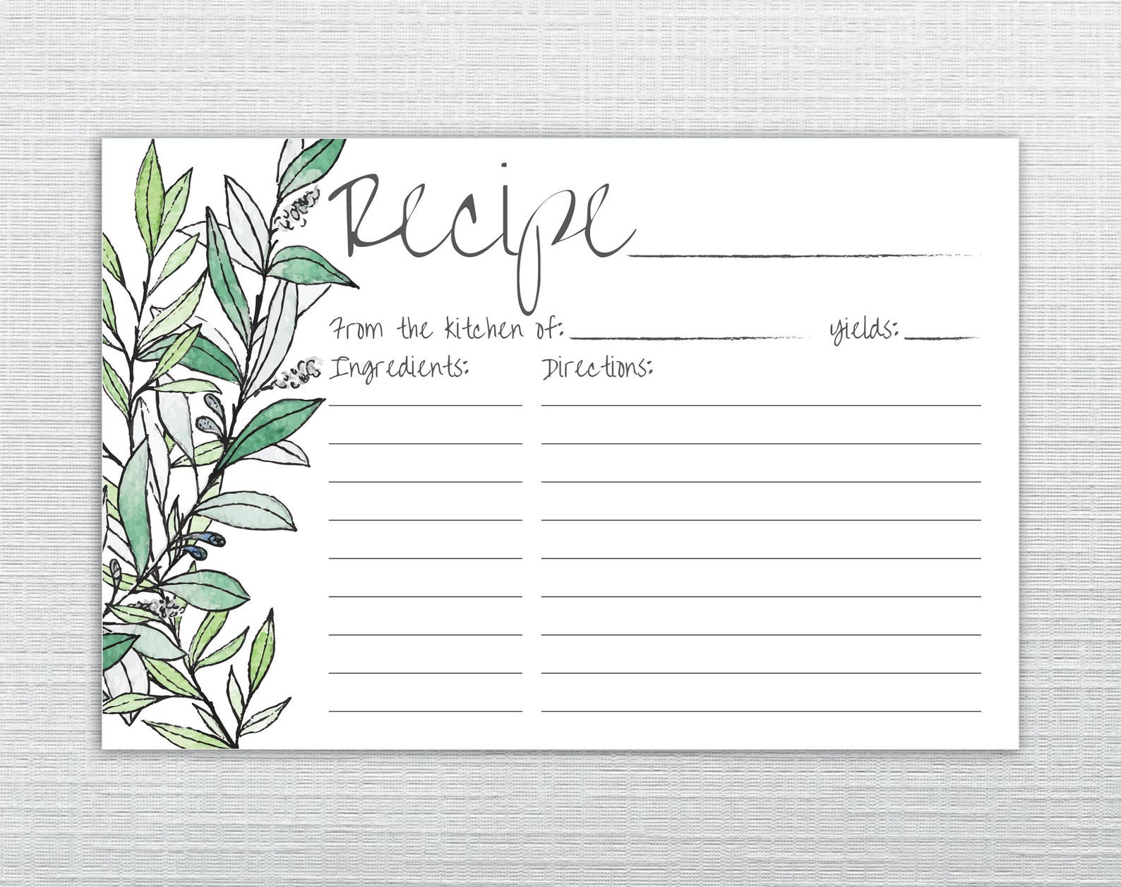 Floral Recipe Card Printable, Kitchen Herbs Design (4x6 PDF Download ...