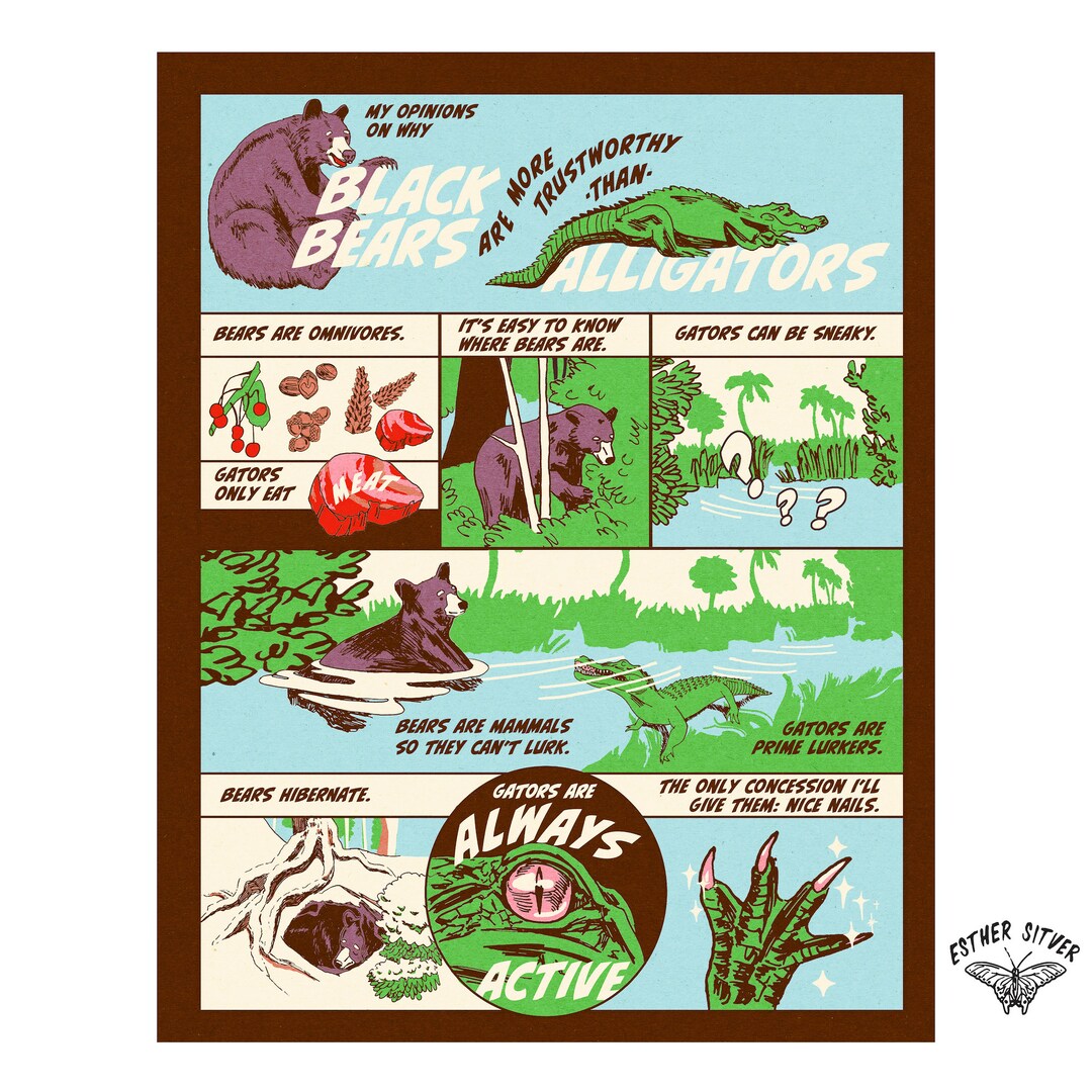 Gator Bear Animal Comic Print | Tennessee Vs Florida Wall Decor ...