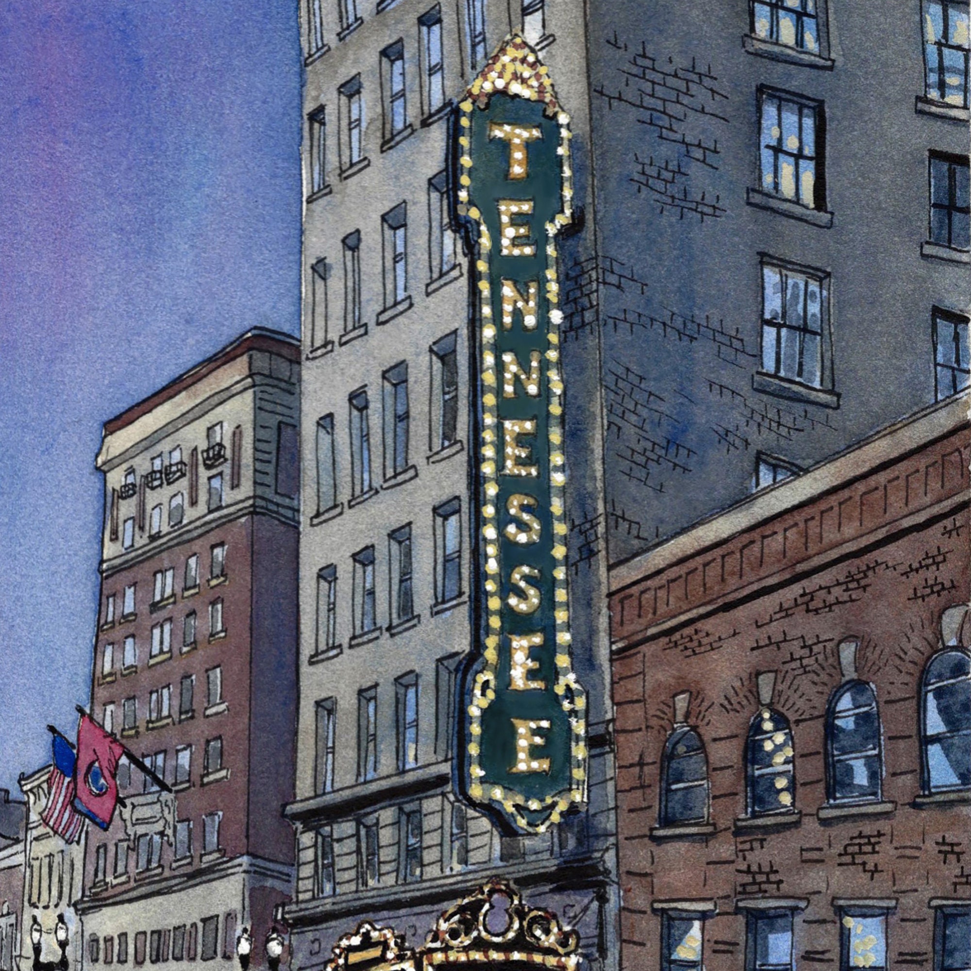 Tennessee Theater Postcard Art Print Knoxville Tn Watercolor | Etsy