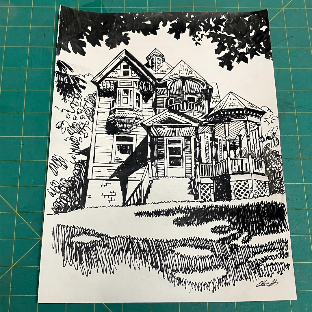 Victorian Queen Anne House Drawing, Pen and Ink Original Art ...