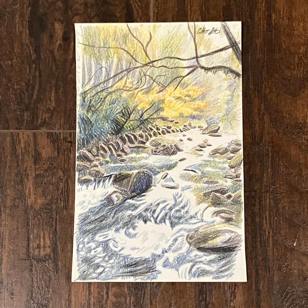 Mountain Stream Colored Pencil Drawing, Smoky Mountain Illustration ...