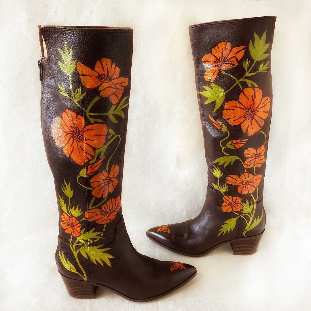 California Poppy Hand Painted Leather Knee-high Boots,franco Sarto ...