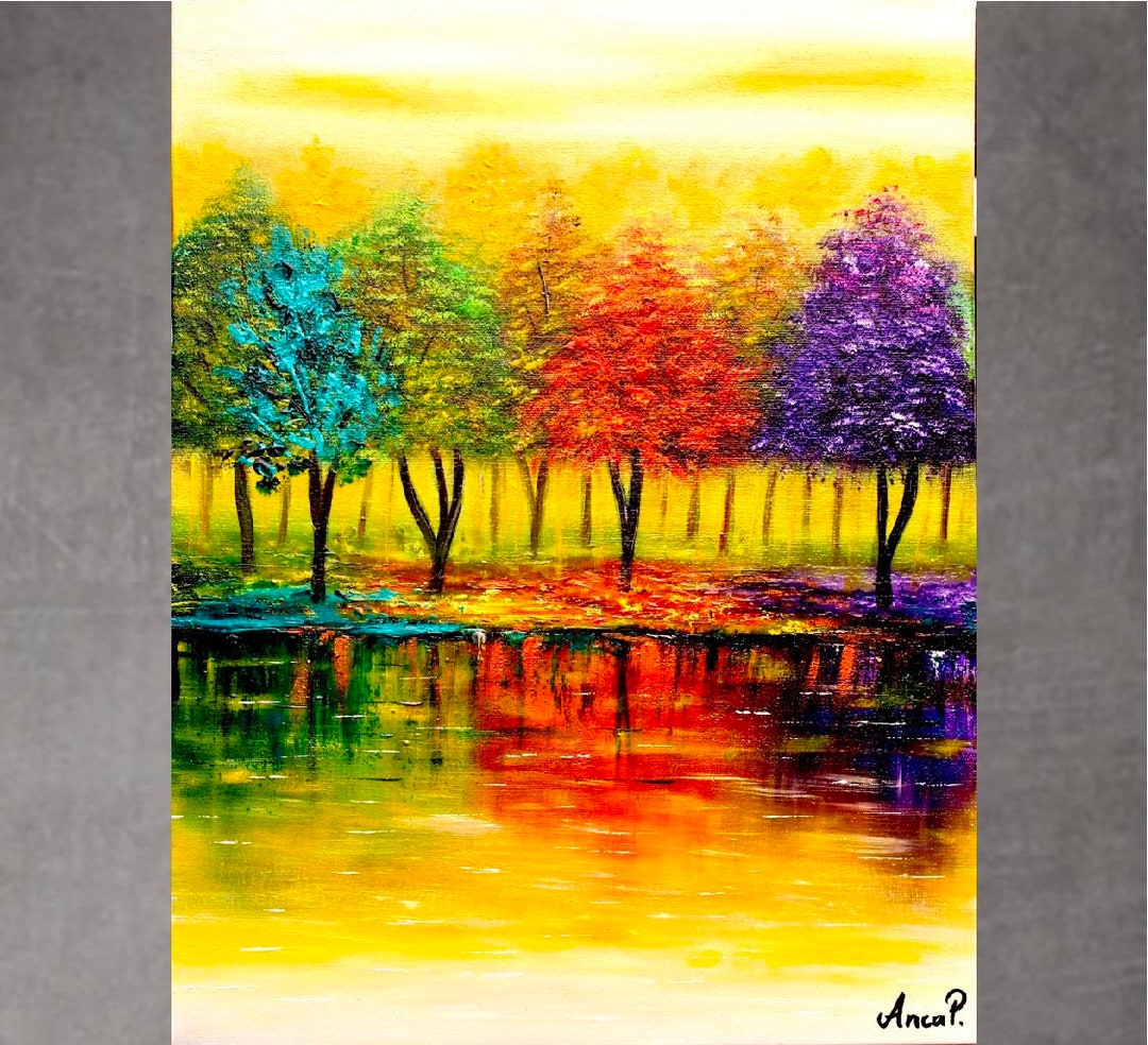Landscape Painting, Colourful Tree Painting, Modern Artwork, Oil ...