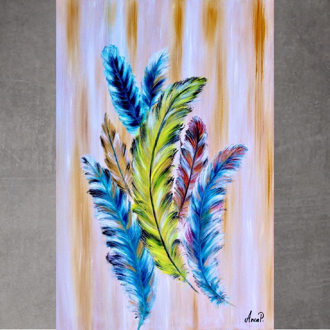 Feather Oil Painting Handmade Painting Gold Painting Colourful Feathers ...